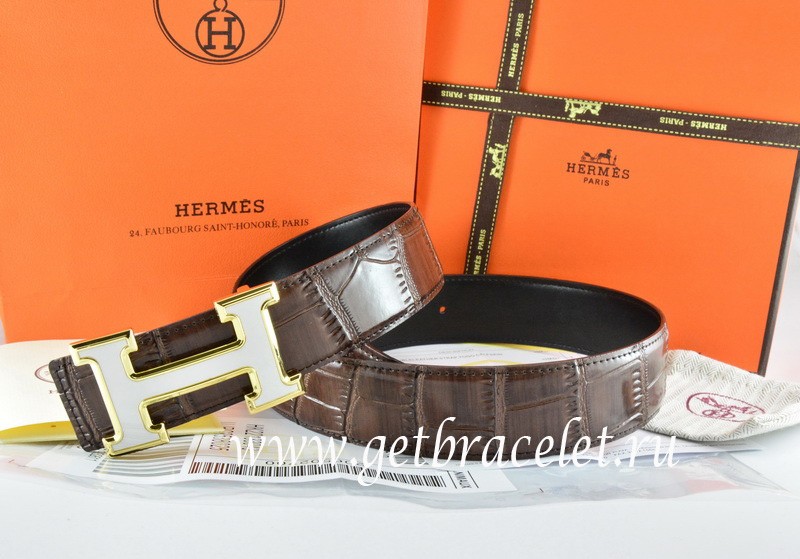Fake Hermes Reversible Belt Brown/Black Crocodile Stripe Leather ...