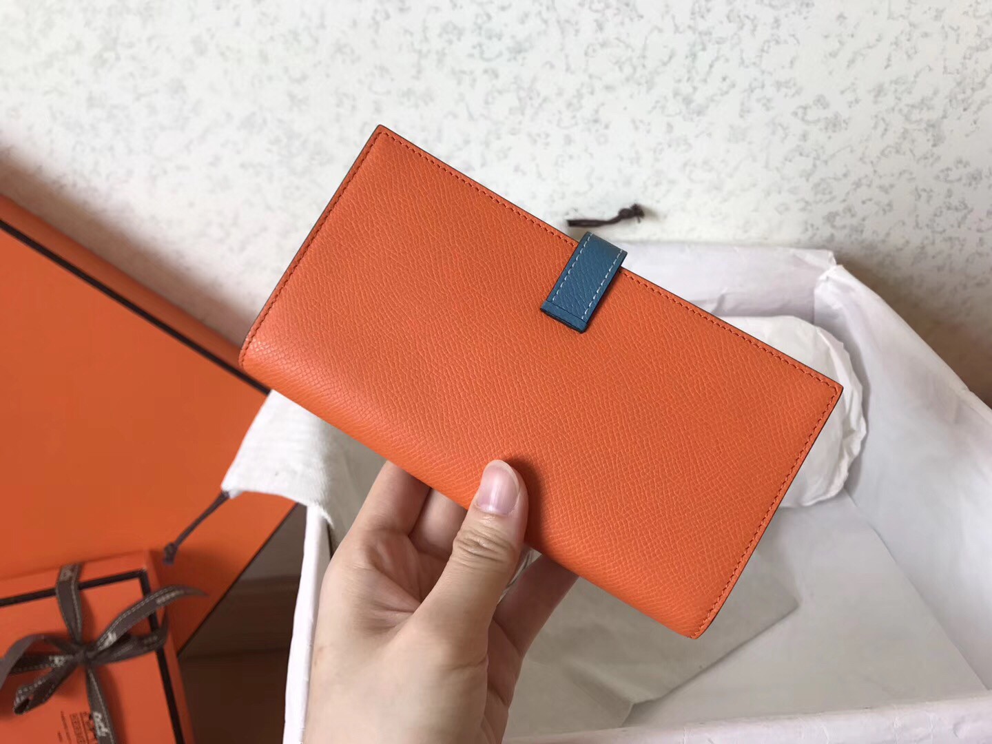 Hermes Bi-Color Epsom Bearn Wallet Orange/Blue Jean QY01013 | Hermes ...
