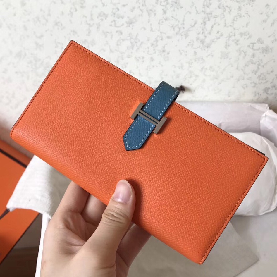 Hermes Bi-Color Epsom Bearn Wallet Orange/Blue Jean QY01013 | Hermes ...